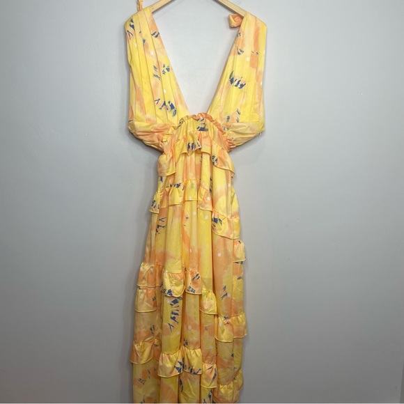 Queenia | Dresses | Queenia Deep V Plunge Tiered Maxi Dress Yellow ...
